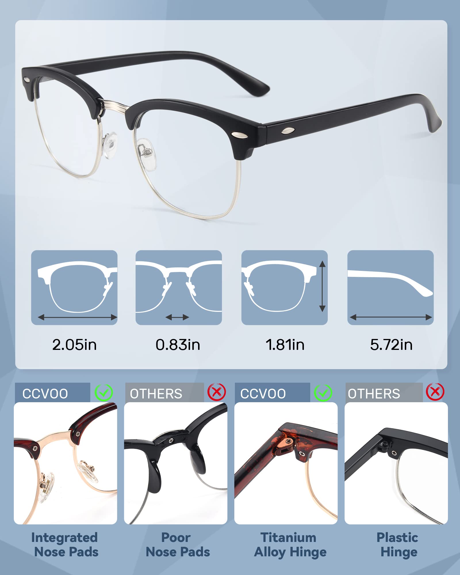 CCVOO 3 Pack Reading Glasses Blue Light Blocking, Retro Semi Rimless Readers for Men Women, Round Eyewear Filter UV400