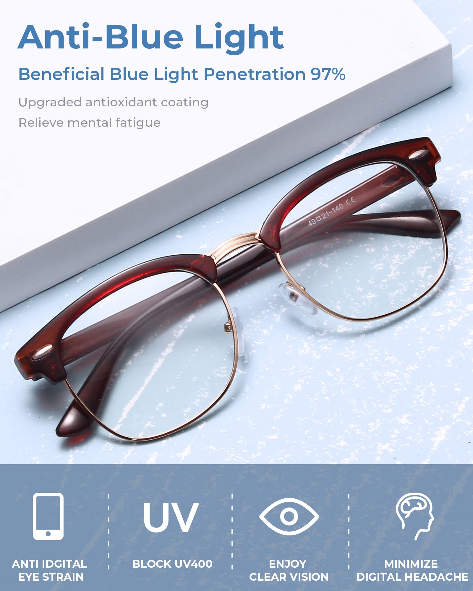 CCVOO 3 Pack Reading Glasses Blue Light Blocking, Retro Semi Rimless Readers for Men Women, Round Eyewear Filter UV400