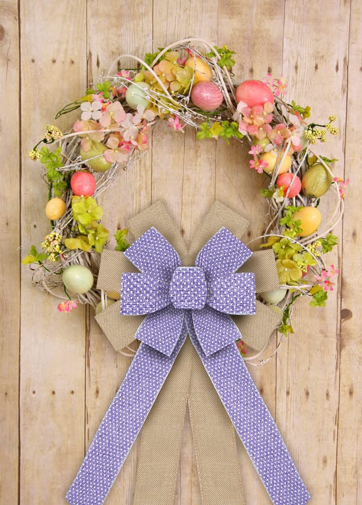 Spring Easter Ribbons for Wreath Bows Wrapping Gifts, Polka-Dots Purple Ribbons for Easter Decoration DIY Crafts, 2.48" X 10 Yards Spring Wired Edge Burlap Ribbon