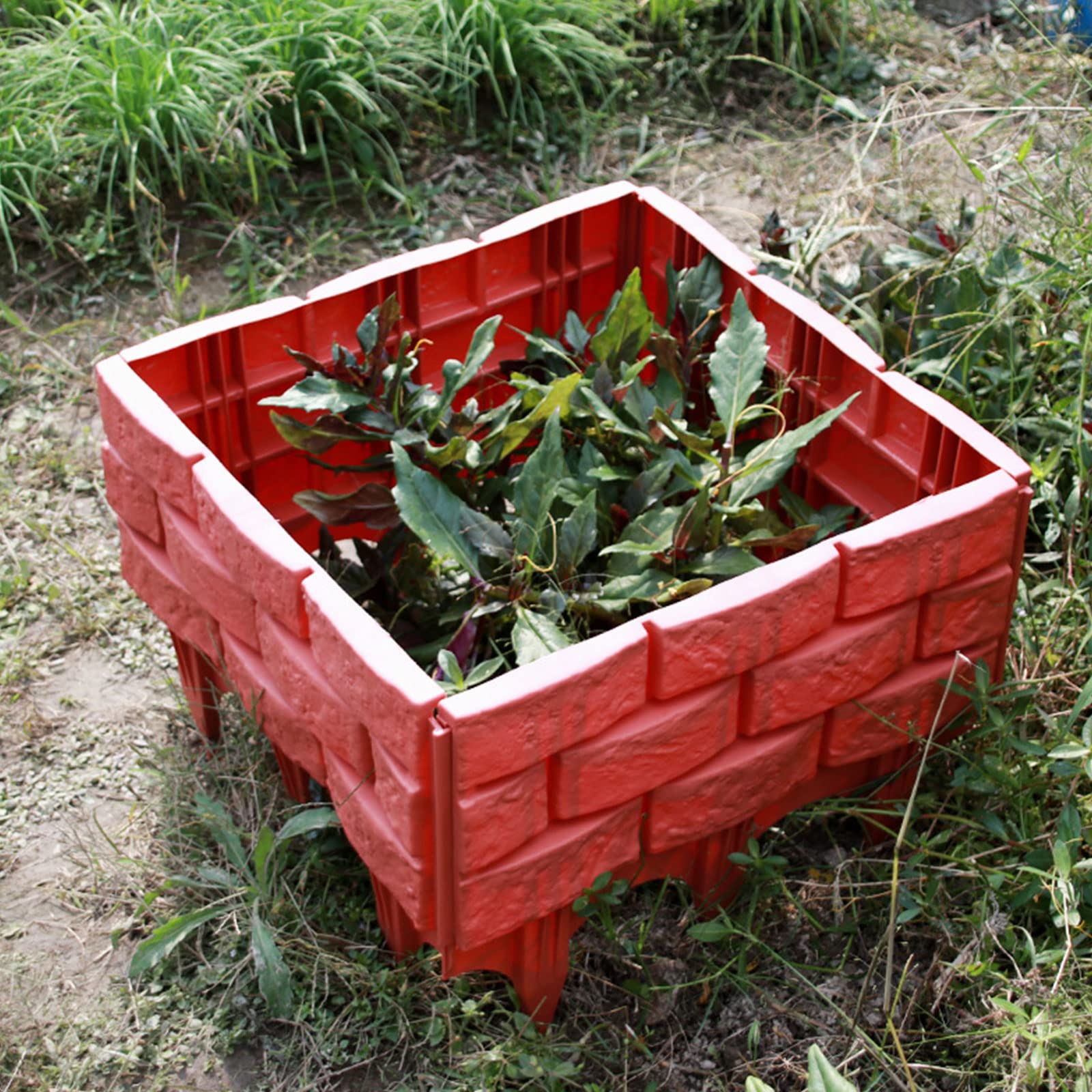 DNIEBW Garden Lawn Edging Set 6PCS Garden Border Edging Plastic Fence Plant Border Imitation Stone Brick for DIY Decorative Walkways Flower Bed & Grass Garden Border Edging - Red