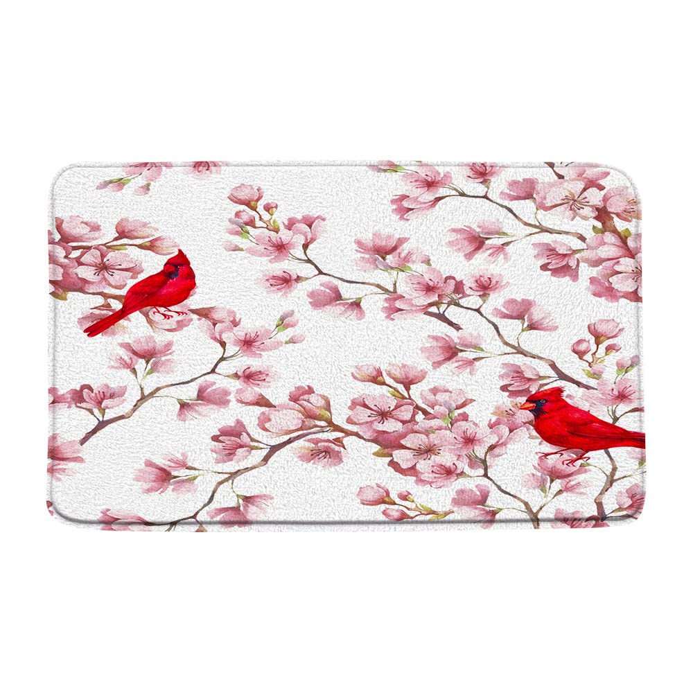ZRUWUA Cherry Blossom Bath Mat Red Bird Flower Plum Peach Blossom Japanese Asian Oriental Spring Tree Branch Nature Scenery Watercolor Art Microfiber Memory Foam Absorbent Bath Decor Mat