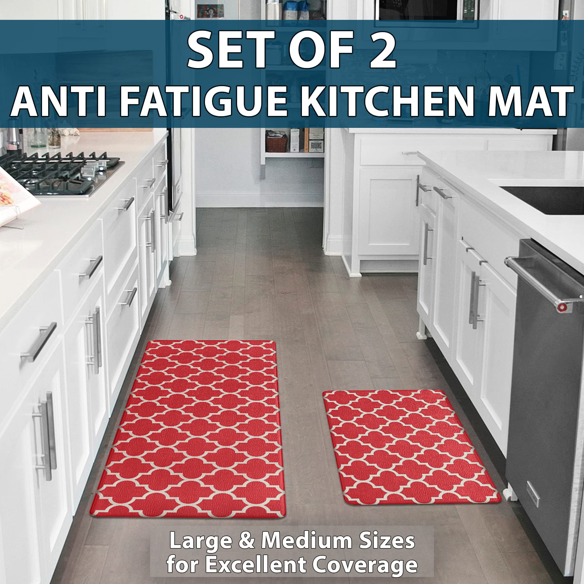 ComfiLife Kitchen Mats for Floor (2 PCs) β Cushioned Anti Fatigue Kitchen Rug for Comfortable Standing β Waterproof, Easy Clean, Non-Slip, Thick Kitchen Mat Set for Home, Office, Sink, Laundry (Red)