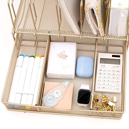 ARCOBIS Gold Desk File Organizer for Women, Desk Organizers and Accessories with Pen Holder & Sliding Drawer & Vertical File Folder Sorters, Cute Desktop File Holder for Office Supplies