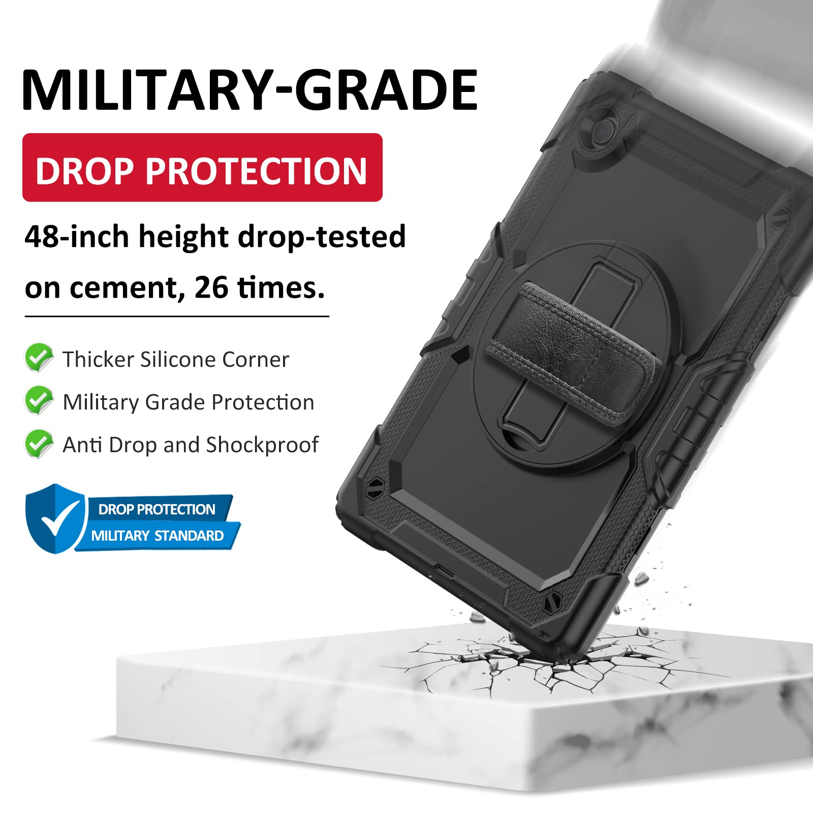 Compatible with Samsung Galaxy Tab A8 10.5 Inch Case 2022, [Kids Proof] Ambison Full Body Protective Case with 9H Tempered Glass Screen Protector, 360° Rotatable Kickstand & Hand Strap (Black)