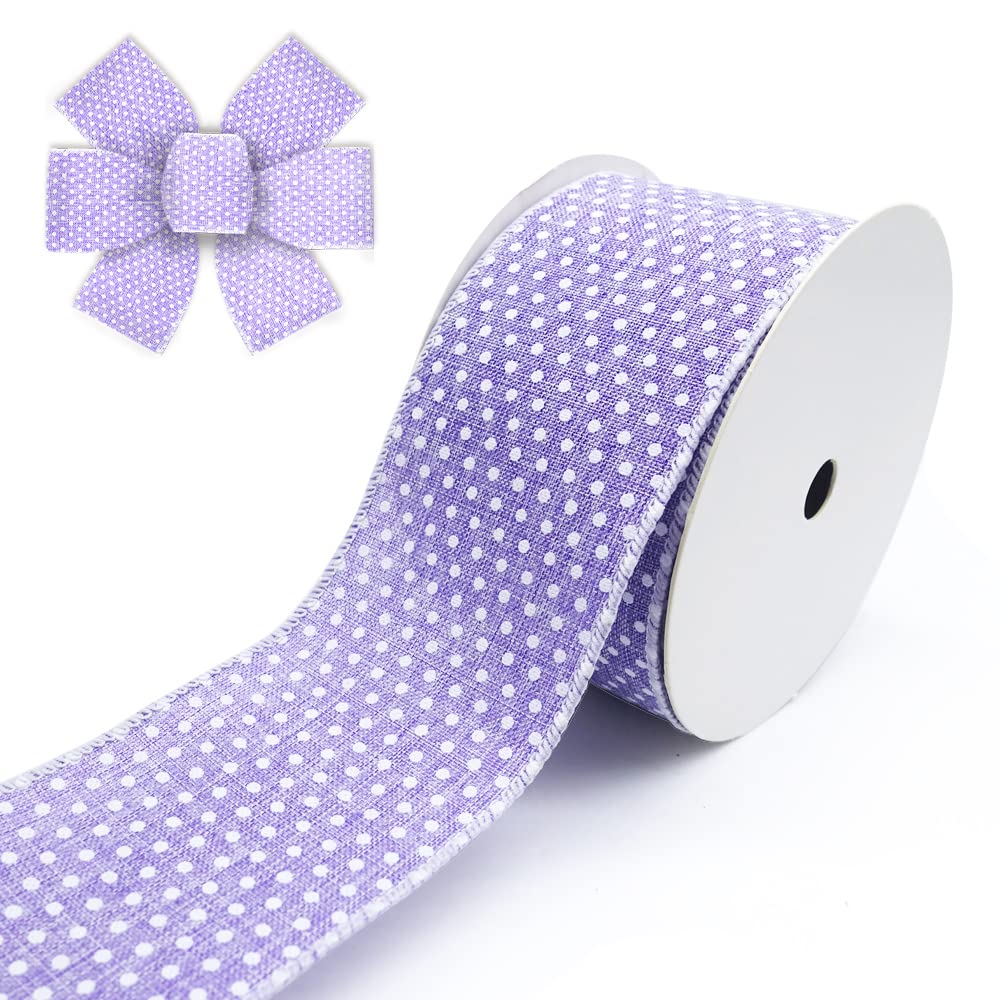 Spring Easter Ribbons for Wreath Bows Wrapping Gifts, Polka-Dots Purple Ribbons for Easter Decoration DIY Crafts, 2.48" X 10 Yards Spring Wired Edge Burlap Ribbon