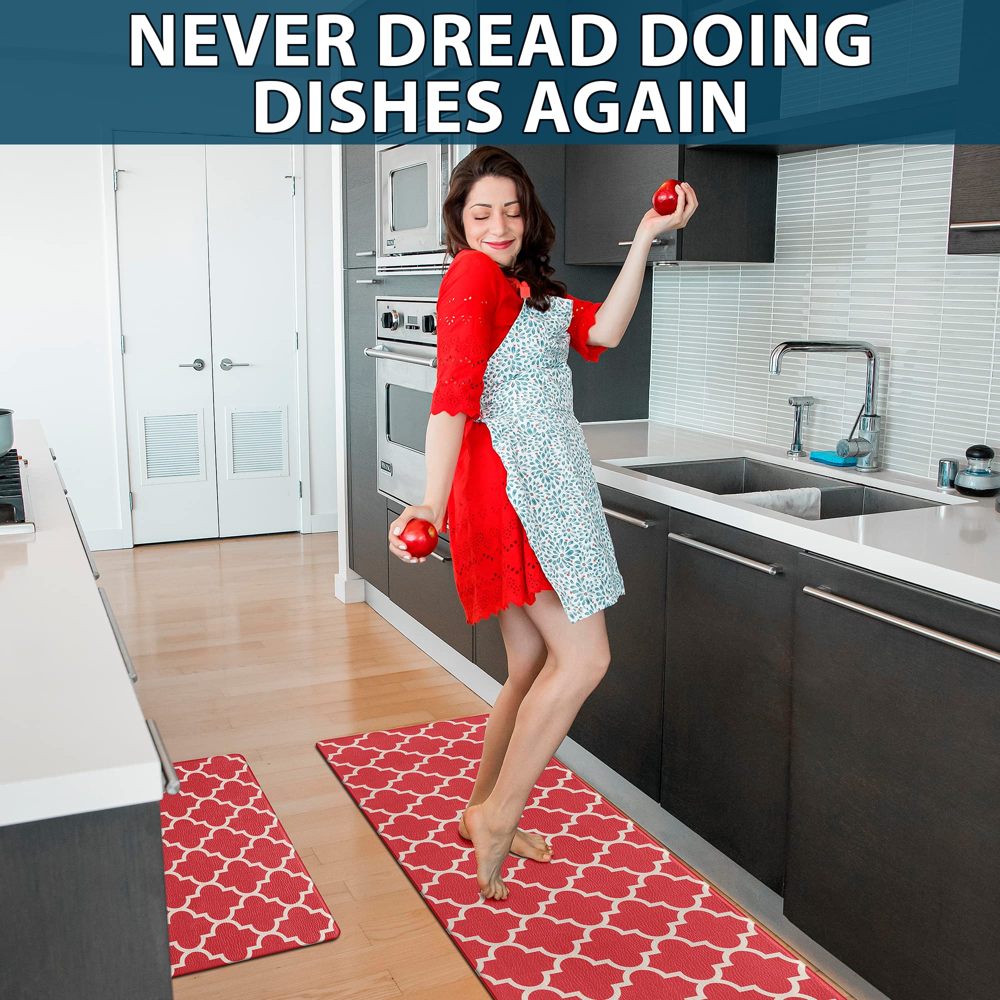 ComfiLife Kitchen Mats for Floor (2 PCs) β Cushioned Anti Fatigue Kitchen Rug for Comfortable Standing β Waterproof, Easy Clean, Non-Slip, Thick Kitchen Mat Set for Home, Office, Sink, Laundry (Red)