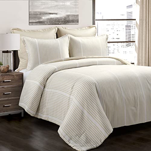Lush Decor Farmhouse Drew Stripe Silver-Infused 5 Piece Comforter Set, King, Neutral