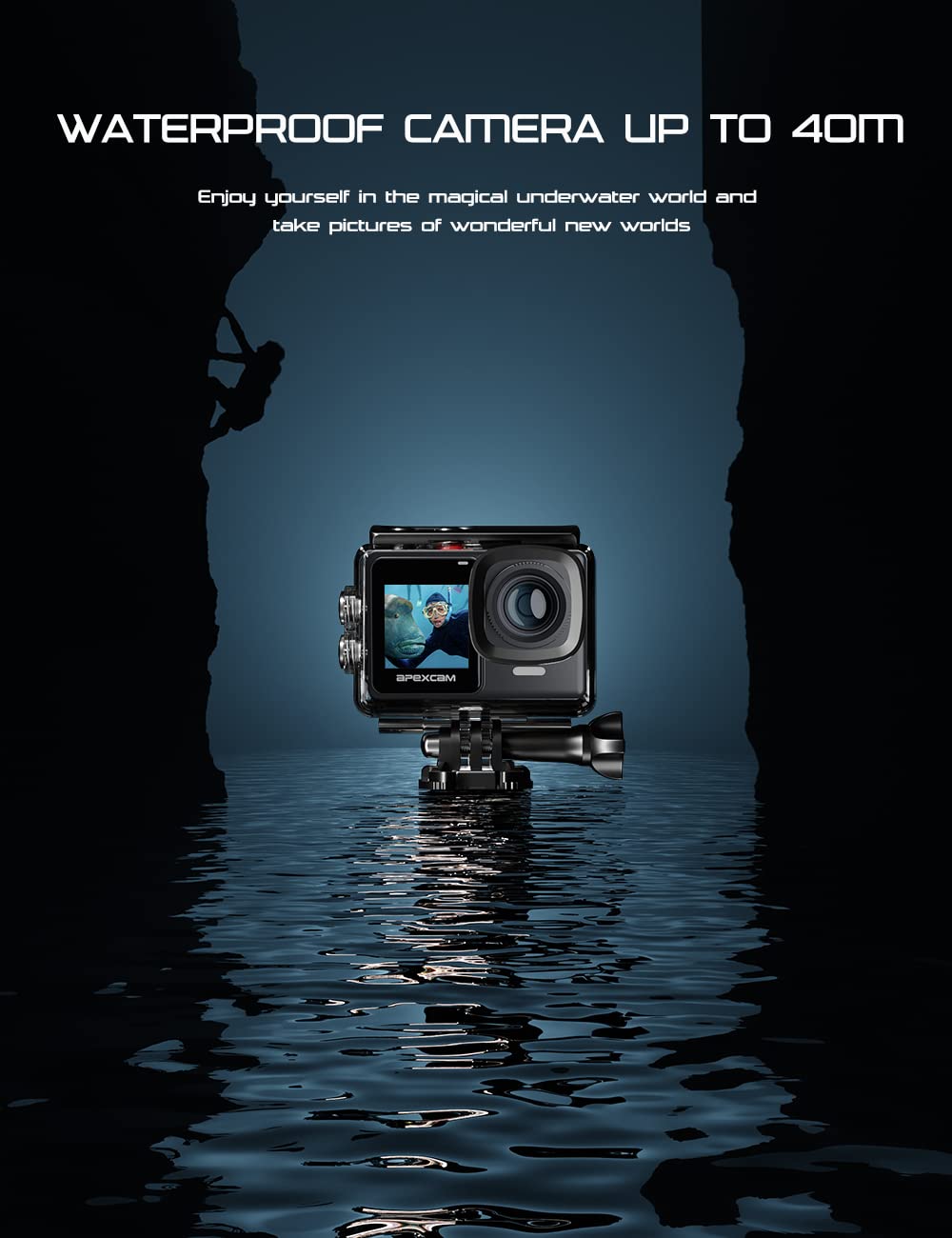 Apexcam 24MP 4K Action Camera EIS Touch Screen 40M Waterproof Underwater Camera, Wide Angle Dual Screen Camera for Vlog(External Mic,Remote Control, Charger and Helmet Accessories)…