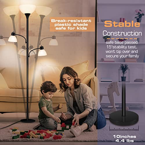 Luvkczc Torchiere Floor Lamp, Floor Lamps for Living Room, Modern Standing Lamp Tall Pole Lamp with Lampshade, Black Finish Bright Corner Light for Bedroom, Office, Reading