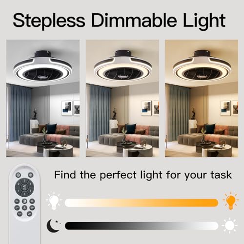 HuixuTe 21 in Modern Ceiling Fan with Light Remote Control, 3 Colors 3 Speeds Enclosed Ceiling Fan, Low Profile Fush Mount Ceiling Fan with Light for Bedroom Living Room