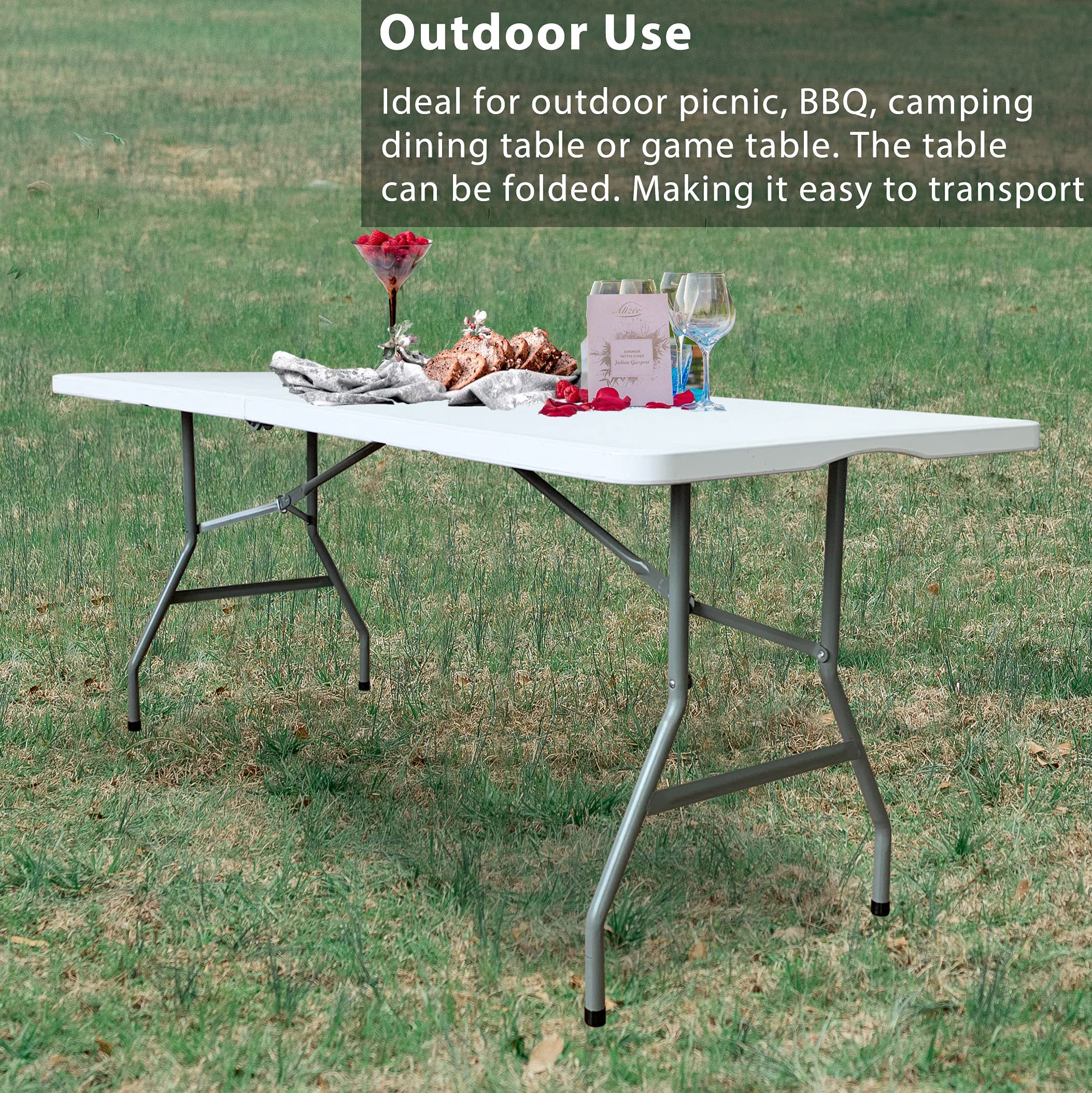 JingPieCle 6 Foot Folding Table 6ft Portable Plastic Picnic Table with Handle, Fold in Half Heavy Duty Utility Foldable Table, Indoor Outdoor 6' Folding Card Tables for Party, Dining
