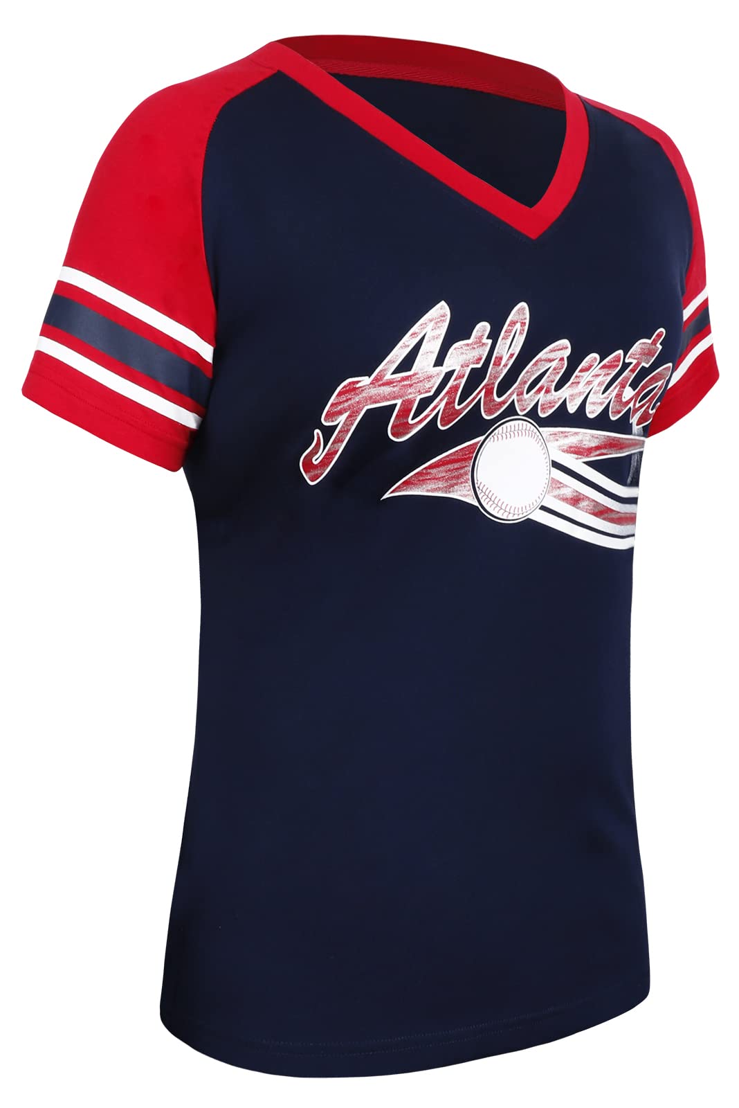 Geneisteck Womens City Baseball V Neck Fans Raglan T-Shirts - Navy & Red (Size:L)