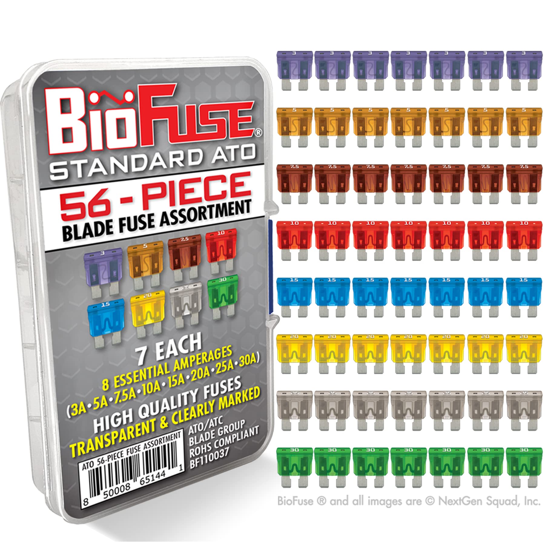 BioFuse Standard ATO 56 Piece Automotive Car Fuse Assortment Pack: Set of 56 ATO Regular Blade Fuses 3A 5A 7.5A 10A 15A 20A 25A 30A (Blade Group: ATO, ATC, ATS, APR)
