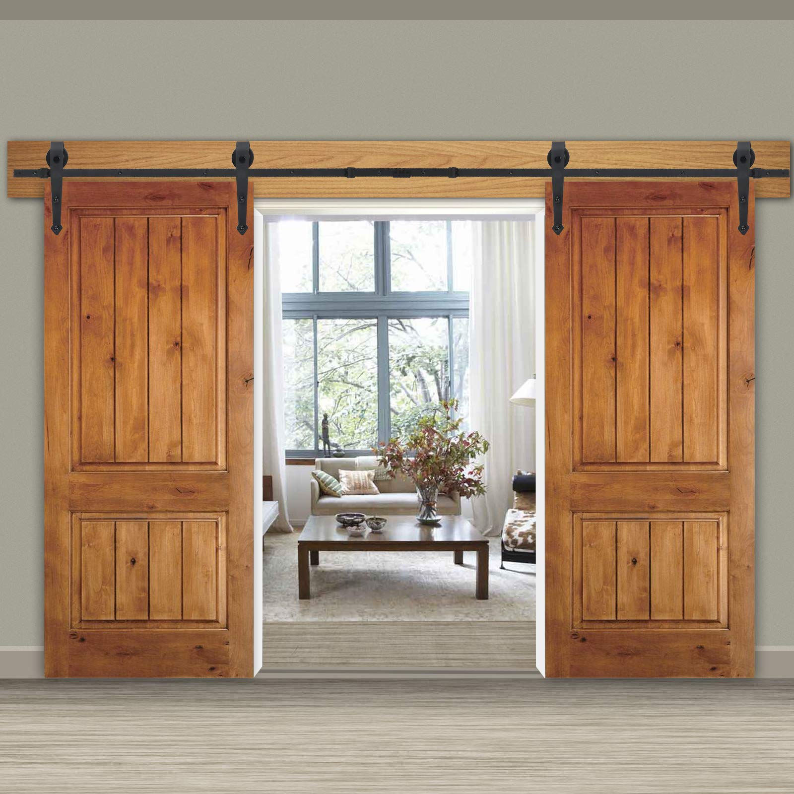 Saicool 6.6FT/12FT Heavy Duty Sturdy Sliding Roller Barn Door Hardware Kit Smoothly and Quietly Closet Track Kit Set with Track Rollers Matching Hardware (12 FT)