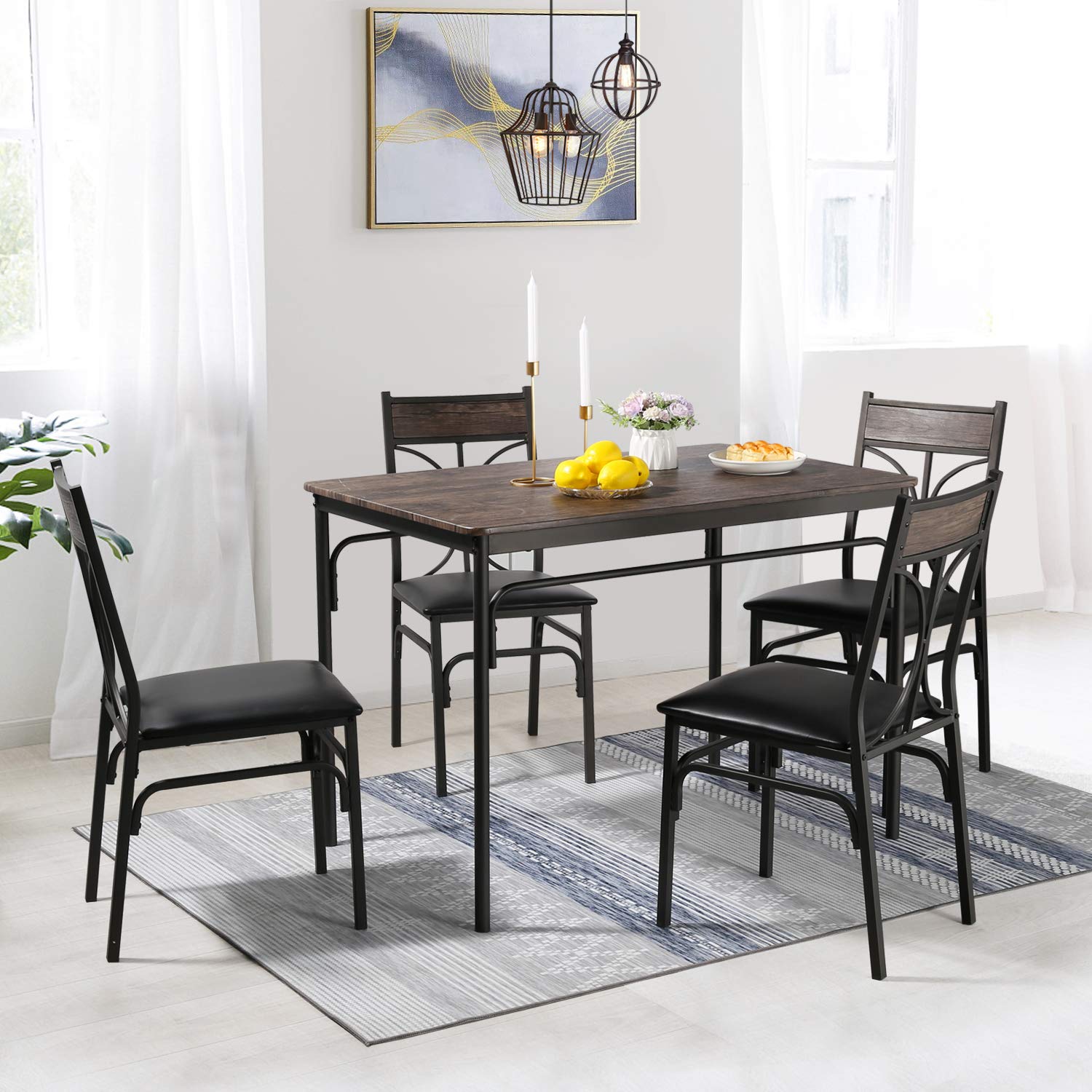 VECELO 5 Piece Kitchen Dining Room Table and Chairs Set for Home, Dinette, Breakfast Nook, Farmhouse, Small Space, Dark Brown