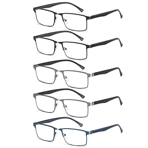 NaNaKo 5 Pack Reading Glasses for Men, Lightweight Blue Light Blocking Metal Frame Mens Readers (Black+Gunmetal+Blue, 1.25)