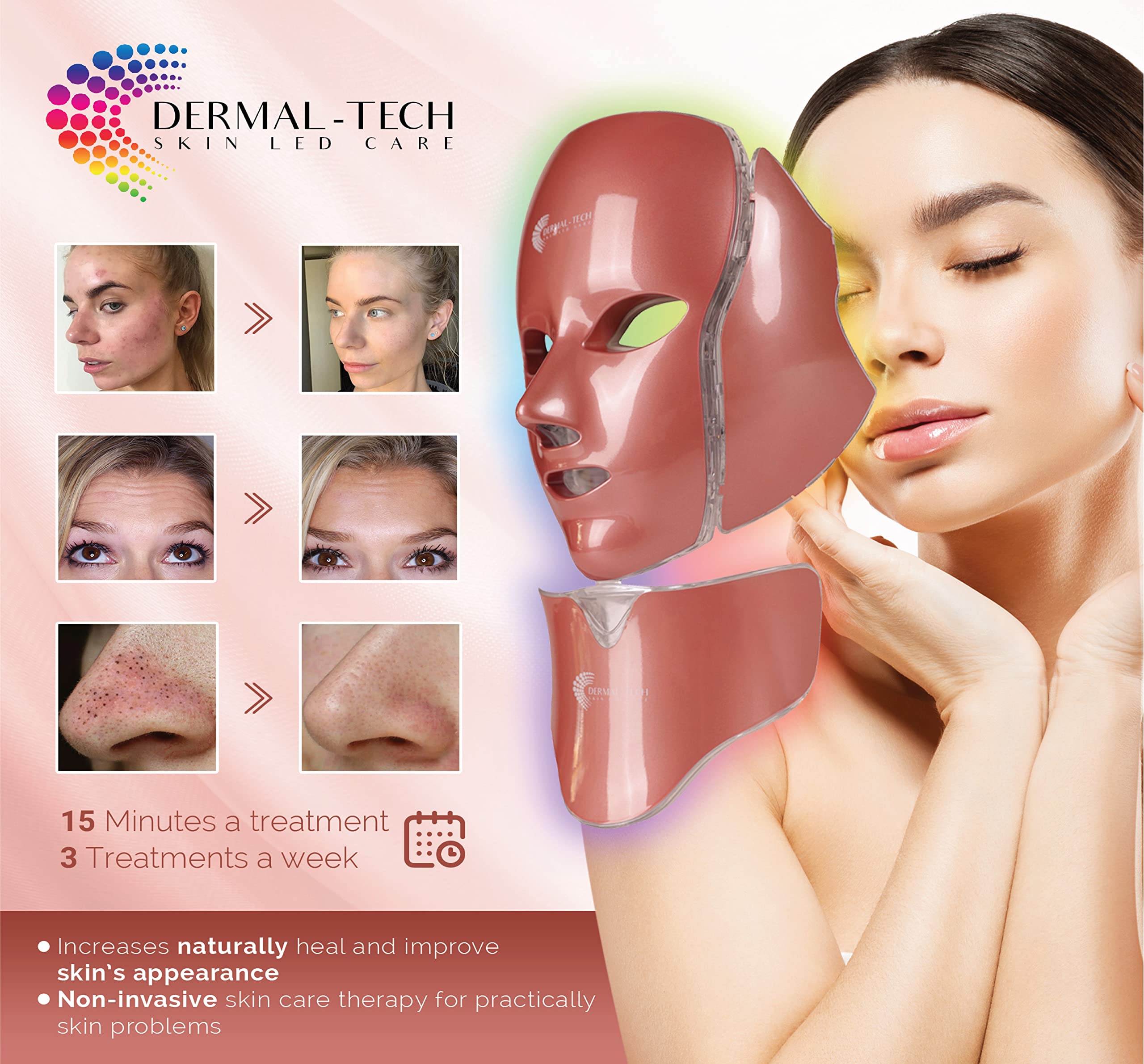 Light Therapy Face Mask Rejuvenation FDA Cleared PDT 8-in-1 LED Facial Red Light Therapy Face & Neck Lift & Tightening Machine, Anti Aging, Dark Spot Remover Device + Ice Roller for Face (Rose Gold)