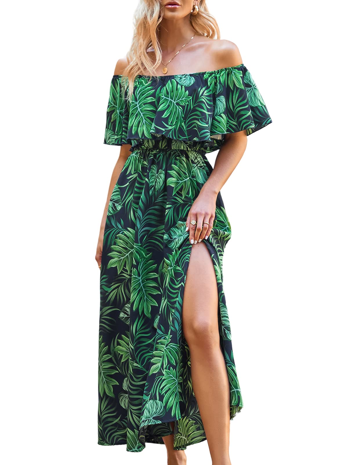 CUPSHE Dress for Women Summer A Shape Dresses Off Shoulder Sleeve Maxi Length Ruffle Fitted Waisted Tropical Printed, M Green