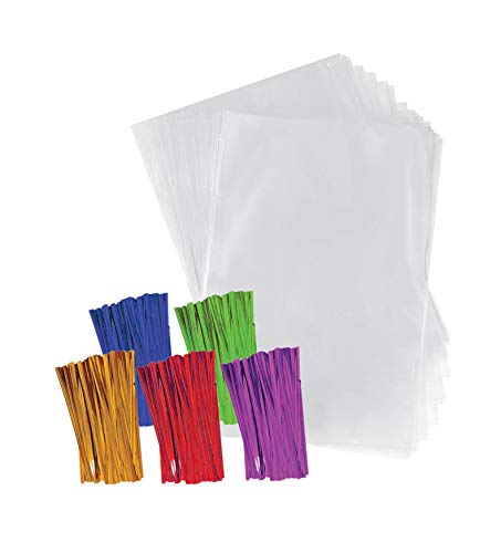 Purple Q Crafts Clear Plastic Cellophane Bags with 4" Colored Twist Ties for Gifts Party Favors (4"x6", 100 Pack)