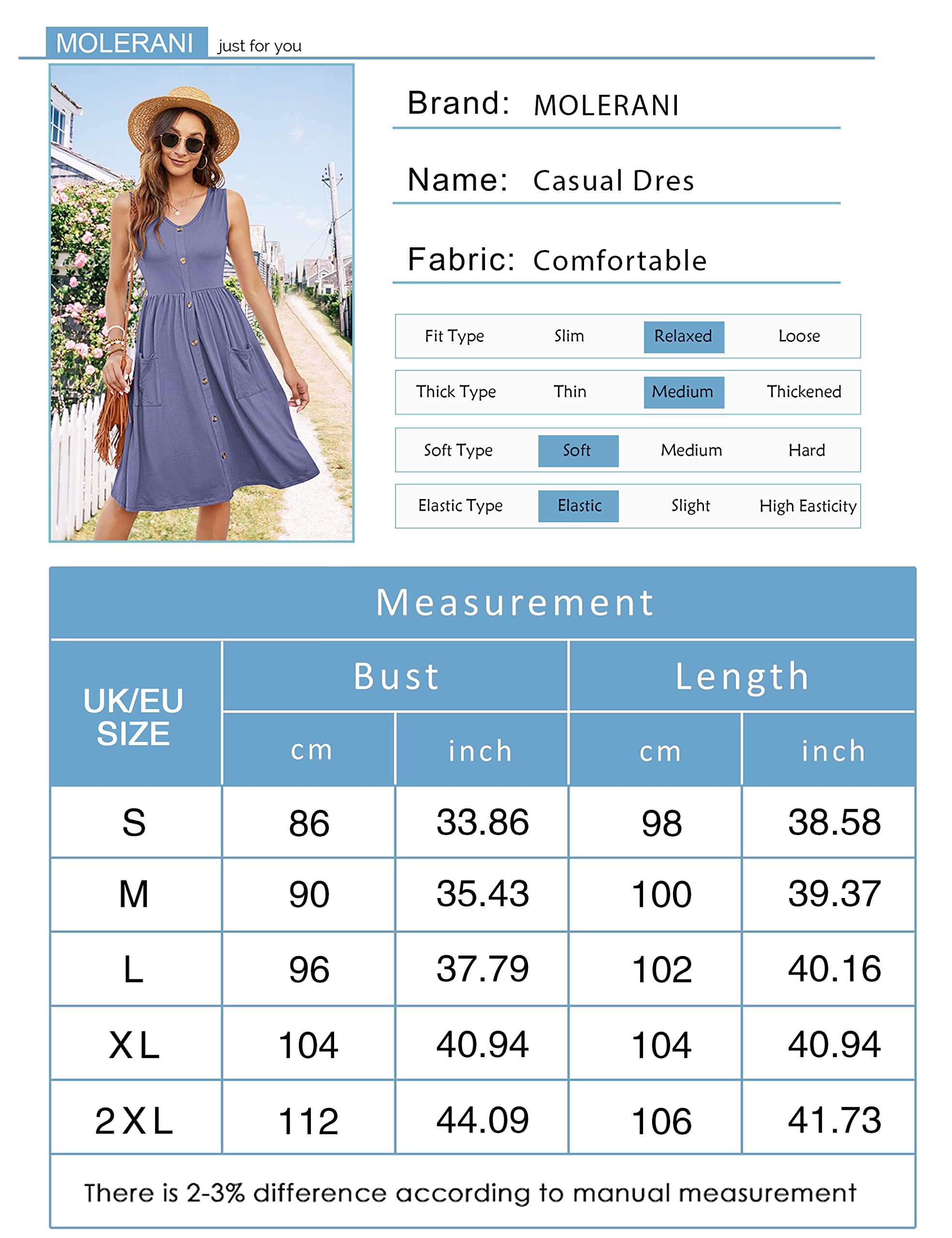 MOLERANI Women Summer Dresses Sleeveless Casual Loose Swing Button Down Midi Dress with Pockets(White,S)