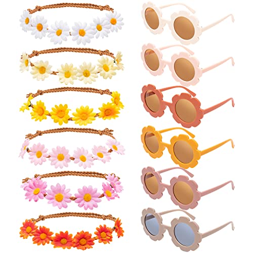 A1diee 12Pcs Groovy Retro Sunglasses Headbands Party Favors Boho Hippie Round Flower Polarized Eyewear Multicolor Daisy Flower Crown Costume Accessories Set 60s Festival Party Gifts for Kids