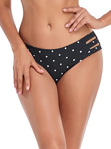 Ocean Blues Women's Black Polka Dot Strappy Bikini Bottom Full Coverage Swim Briefs Size Medium