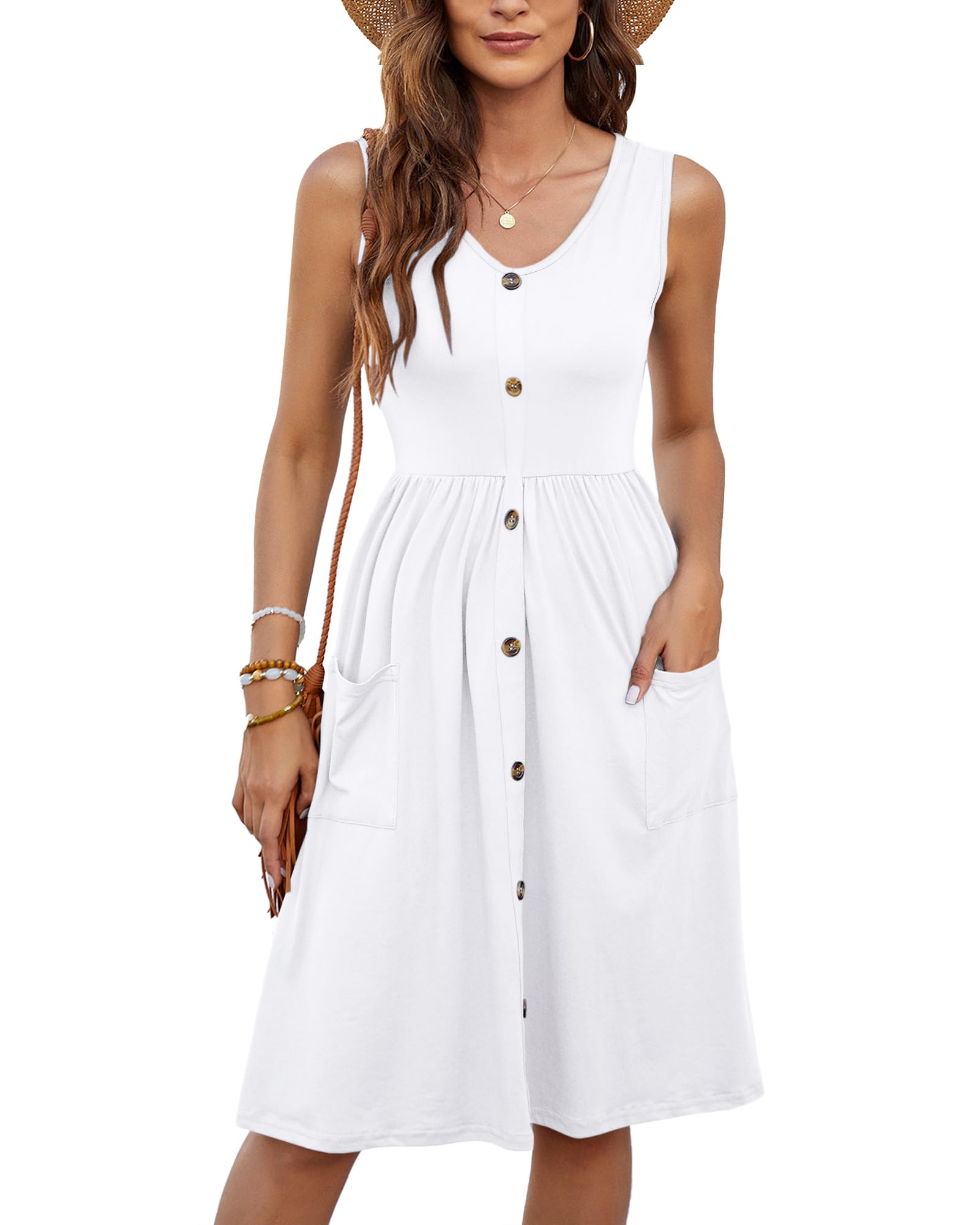 MOLERANI Women Summer Dresses Sleeveless Casual Loose Swing Button Down Midi Dress with Pockets(White,S)