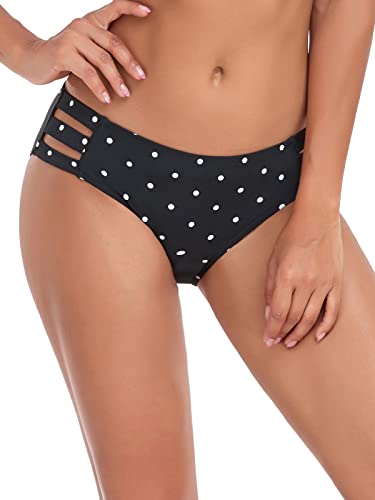 Ocean Blues Women's Black Polka Dot Strappy Bikini Bottom Full Coverage Swim Briefs Size Medium