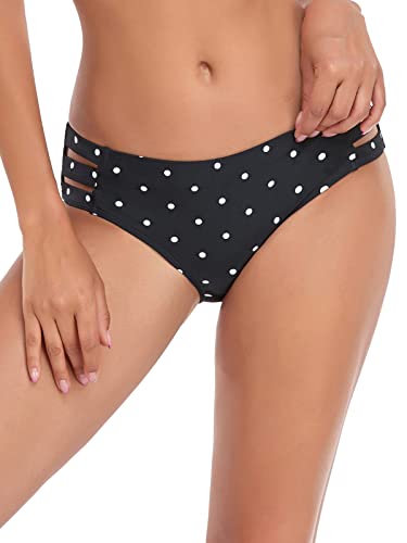 Ocean Blues Women's Black Polka Dot Strappy Bikini Bottom Full Coverage Swim Briefs Size Medium