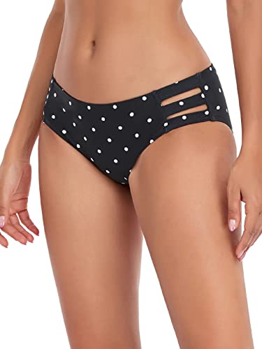 Ocean Blues Women's Black Polka Dot Strappy Bikini Bottom Full Coverage Swim Briefs Size Medium