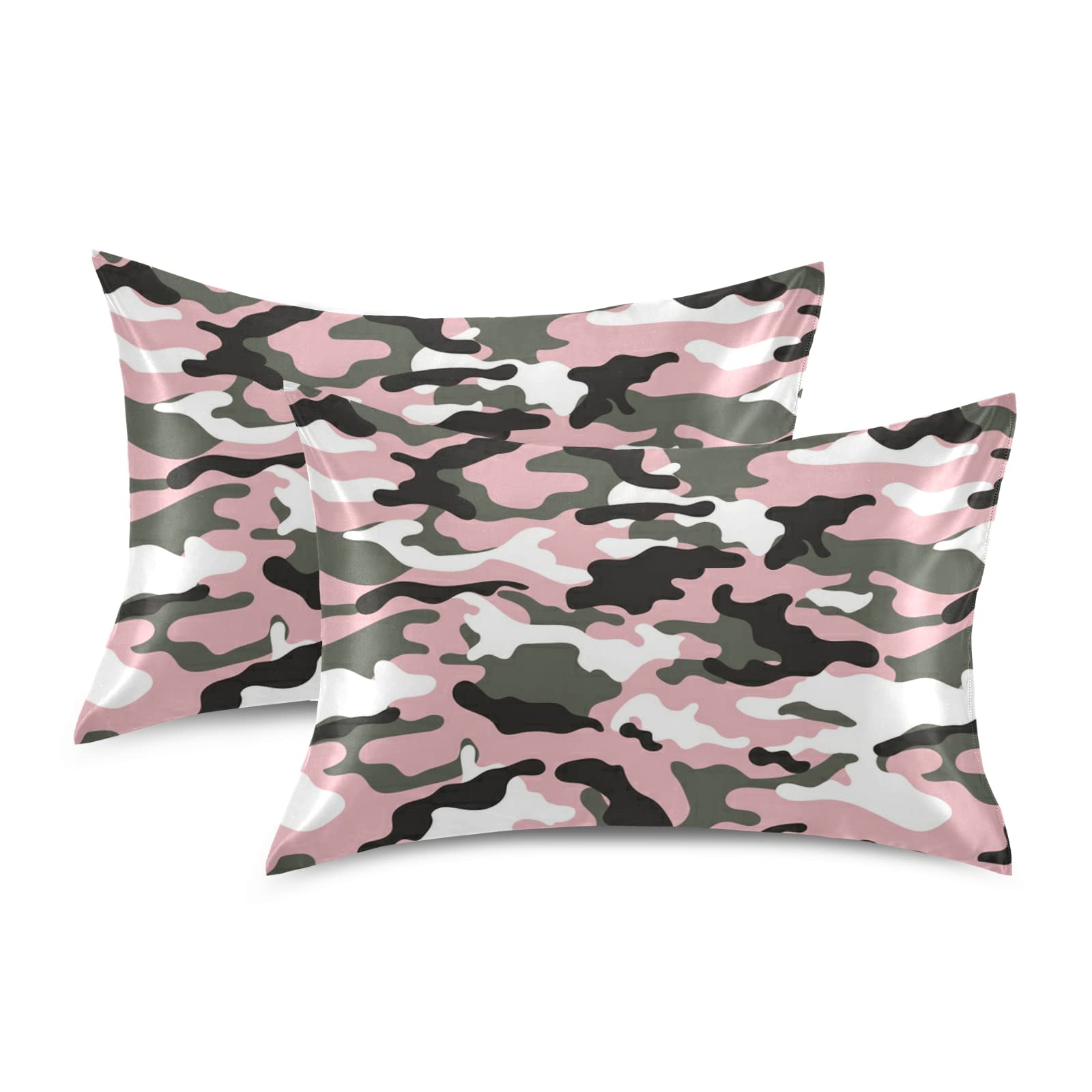 Camouflage Military Pink Satin Pillowcase for Hair and Skin Silk Pillowcase Pillow Case with Envelope Closure Throw Pillow Cover for Sofa Hotel Couch Bedroom Home Decor - King, 40x20inch