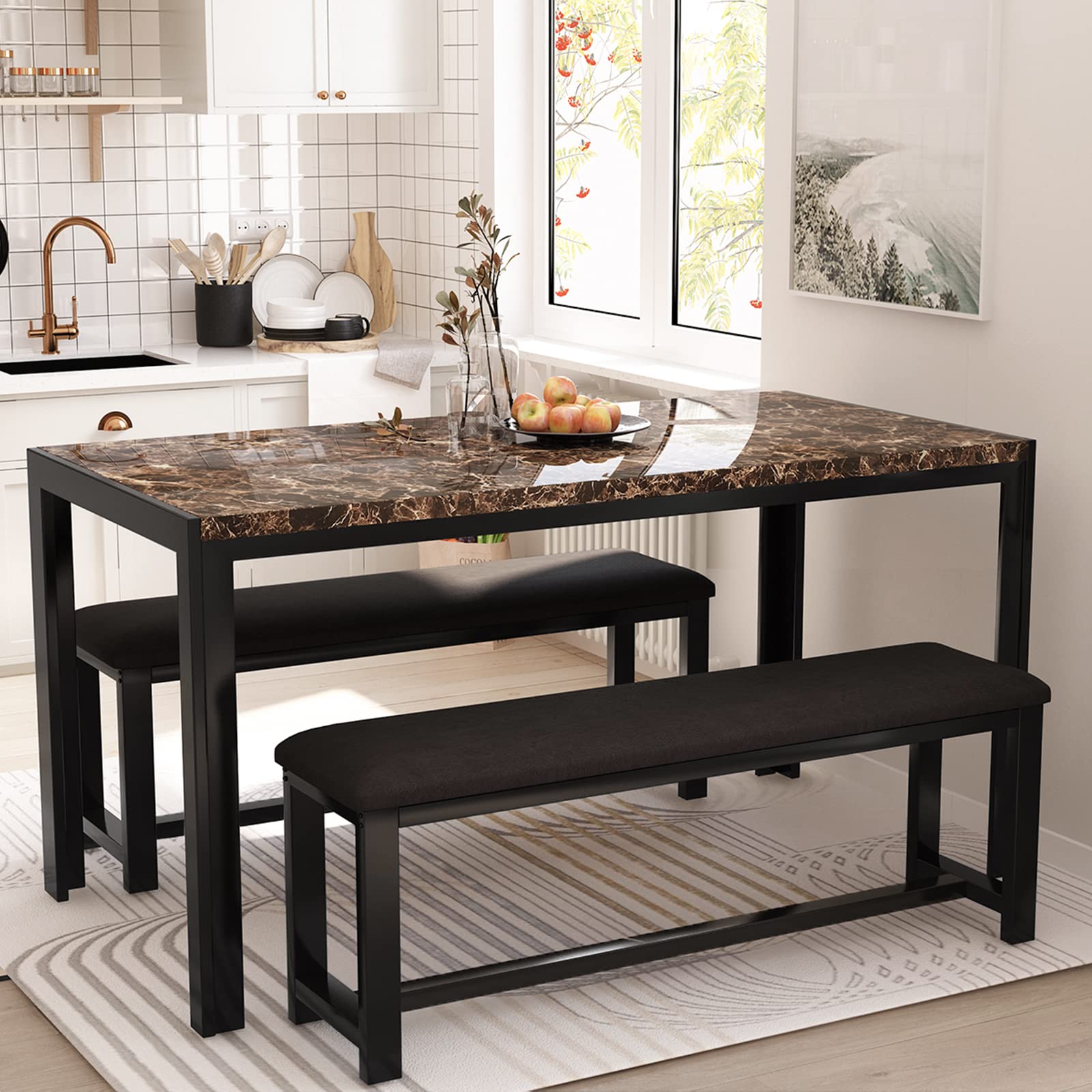 Recaceik Dining Table Set for 4, Kitchen Table and Chairs for 4, Faux Marble Dining Room Table with 2 Benches, Space Saving Dining Table and Upholstered PU Leather Bench for Small Spaces, Brown