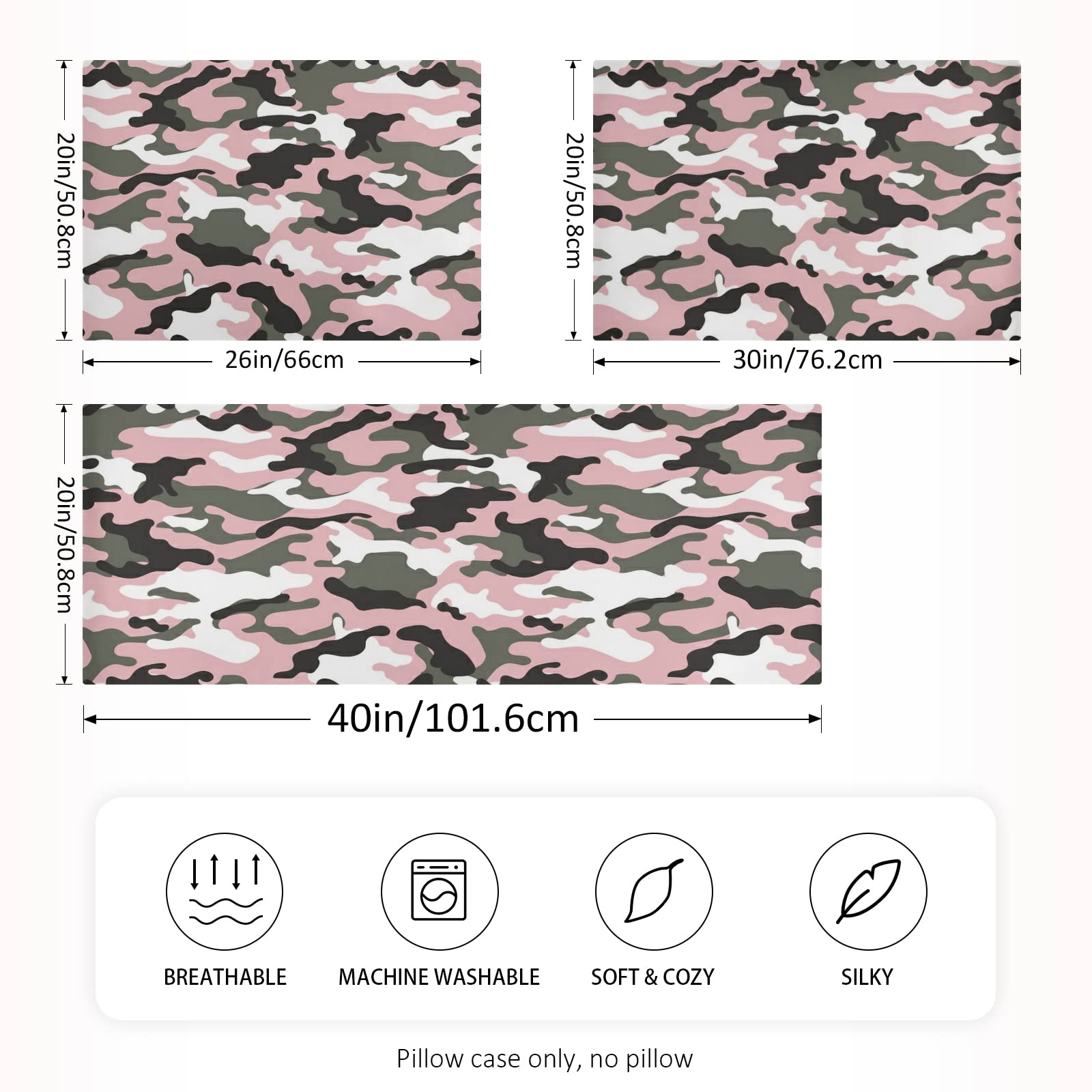 Camouflage Military Pink Satin Pillowcase for Hair and Skin Silk Pillowcase Pillow Case with Envelope Closure Throw Pillow Cover for Sofa Hotel Couch Bedroom Home Decor - King, 40x20inch
