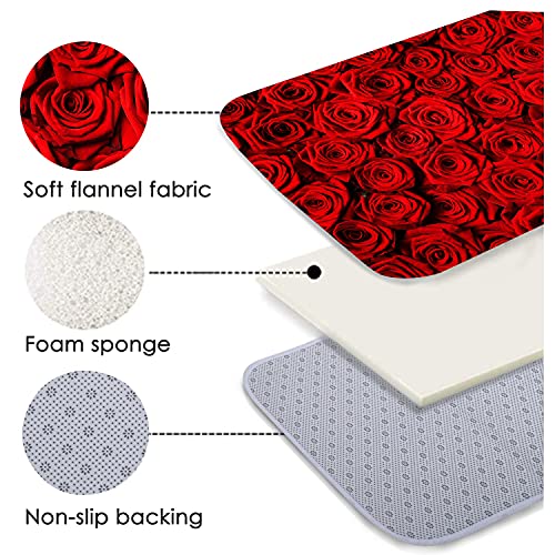 Red Rose Flower Print 17MM Thick Memory Foam Bathroom Carpet and Door Mat Non-Slip Absorbent Super Bath Mats Comfortable Flannel Bathroom Carpet Bed Rug 29 X 17 Inches
