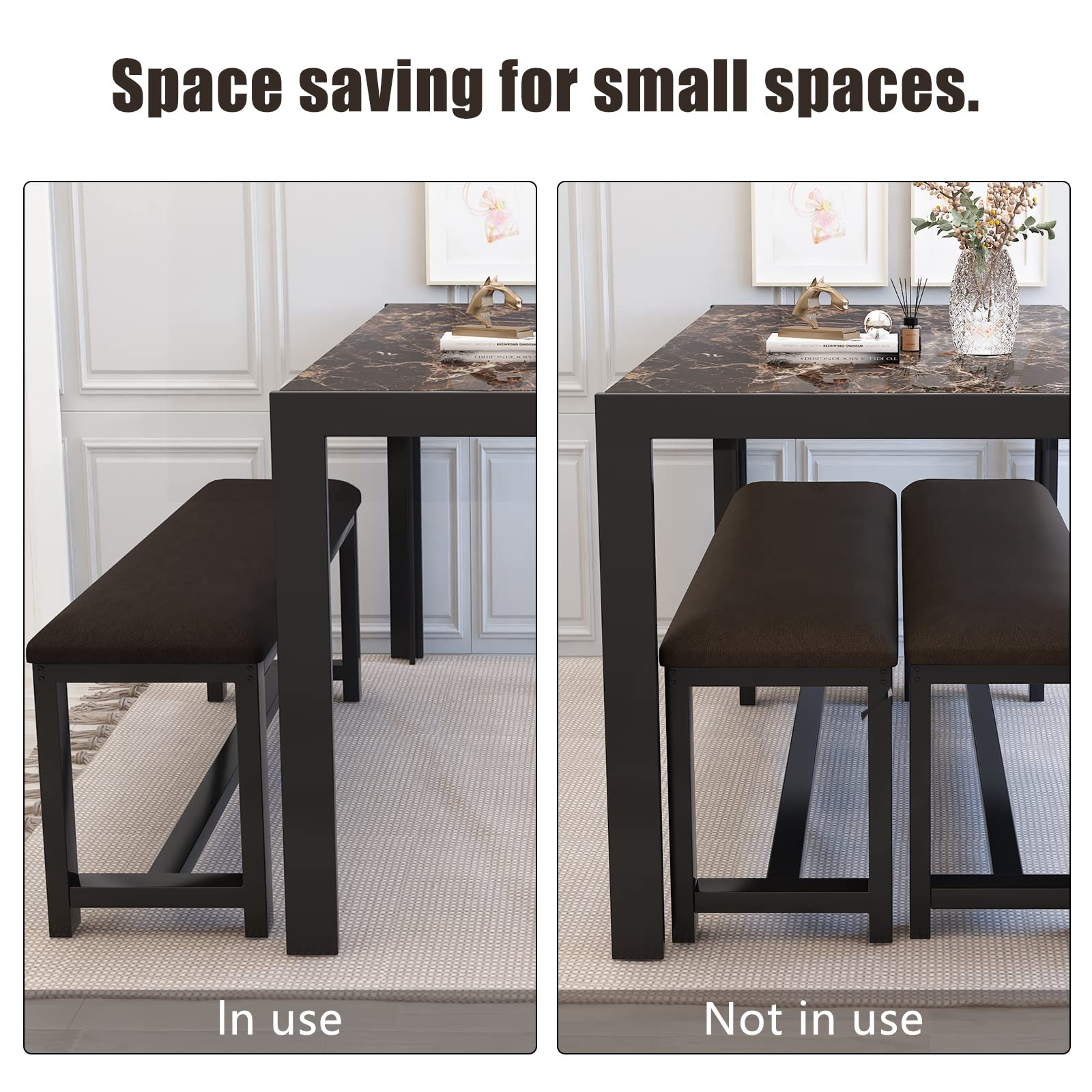 Recaceik Dining Table Set for 4, Kitchen Table and Chairs for 4, Faux Marble Dining Room Table with 2 Benches, Space Saving Dining Table and Upholstered PU Leather Bench for Small Spaces, Brown