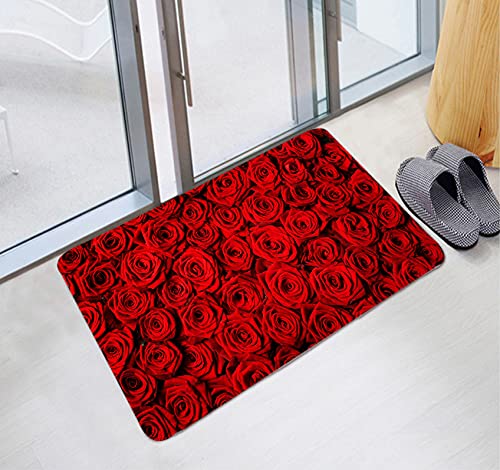 Red Rose Flower Print 17MM Thick Memory Foam Bathroom Carpet and Door Mat Non-Slip Absorbent Super Bath Mats Comfortable Flannel Bathroom Carpet Bed Rug 29 X 17 Inches