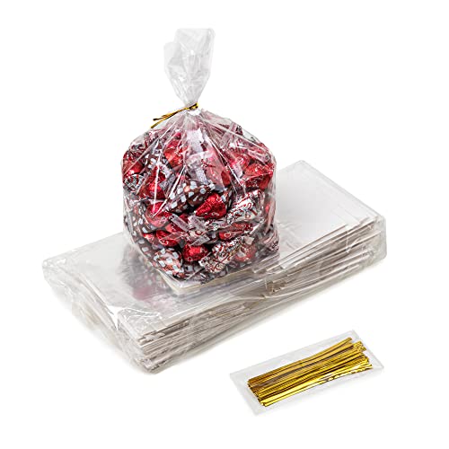 Clear Candy Bags 50 Pcs 4x4x9 Flat Bottom Cello/Cellophane Treat Bags for Bakery, Cookies, Goodie Bags with Color Twist Ties!