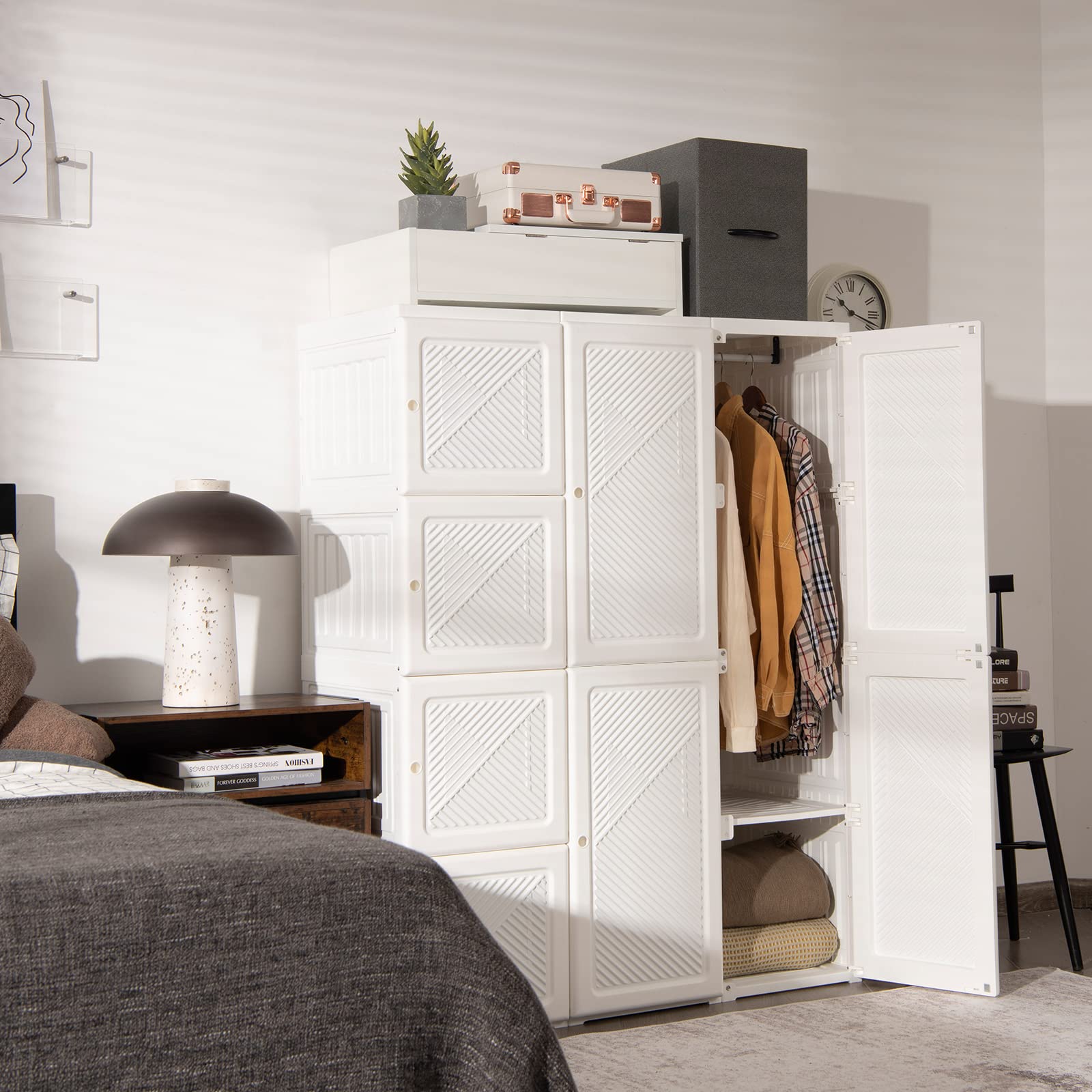 Tangkula Portable Closet Wardrobe, Foldable Clothes Organizer with Cubby Storage, Hanging Rods, Easy Assemble Clothing Storage with Magnet Doors, Folding Bedroom Armoire (8 Cubbies & 2 Rods)