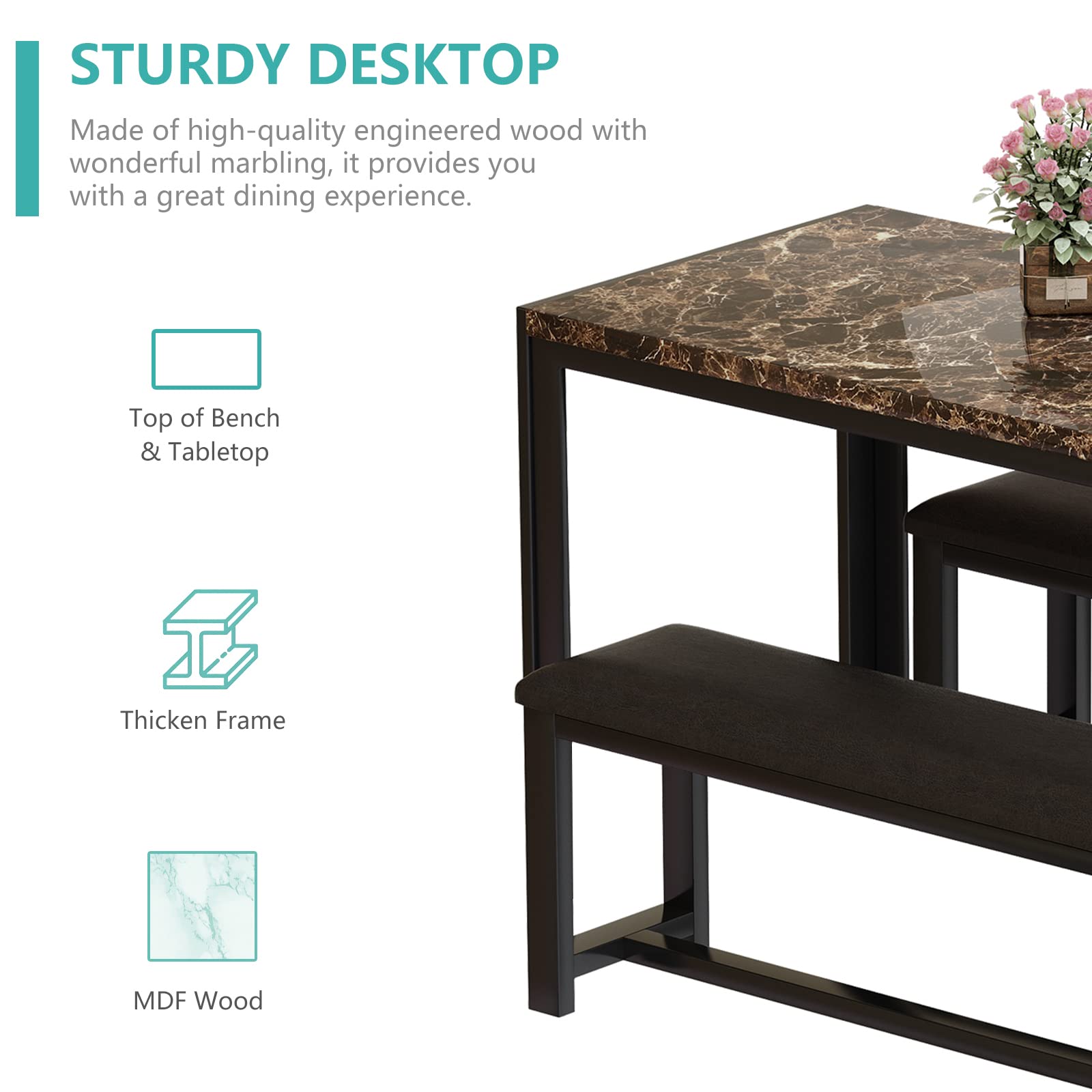 Recaceik Dining Table Set for 4, Kitchen Table and Chairs for 4, Faux Marble Dining Room Table with 2 Benches, Space Saving Dining Table and Upholstered PU Leather Bench for Small Spaces, Brown