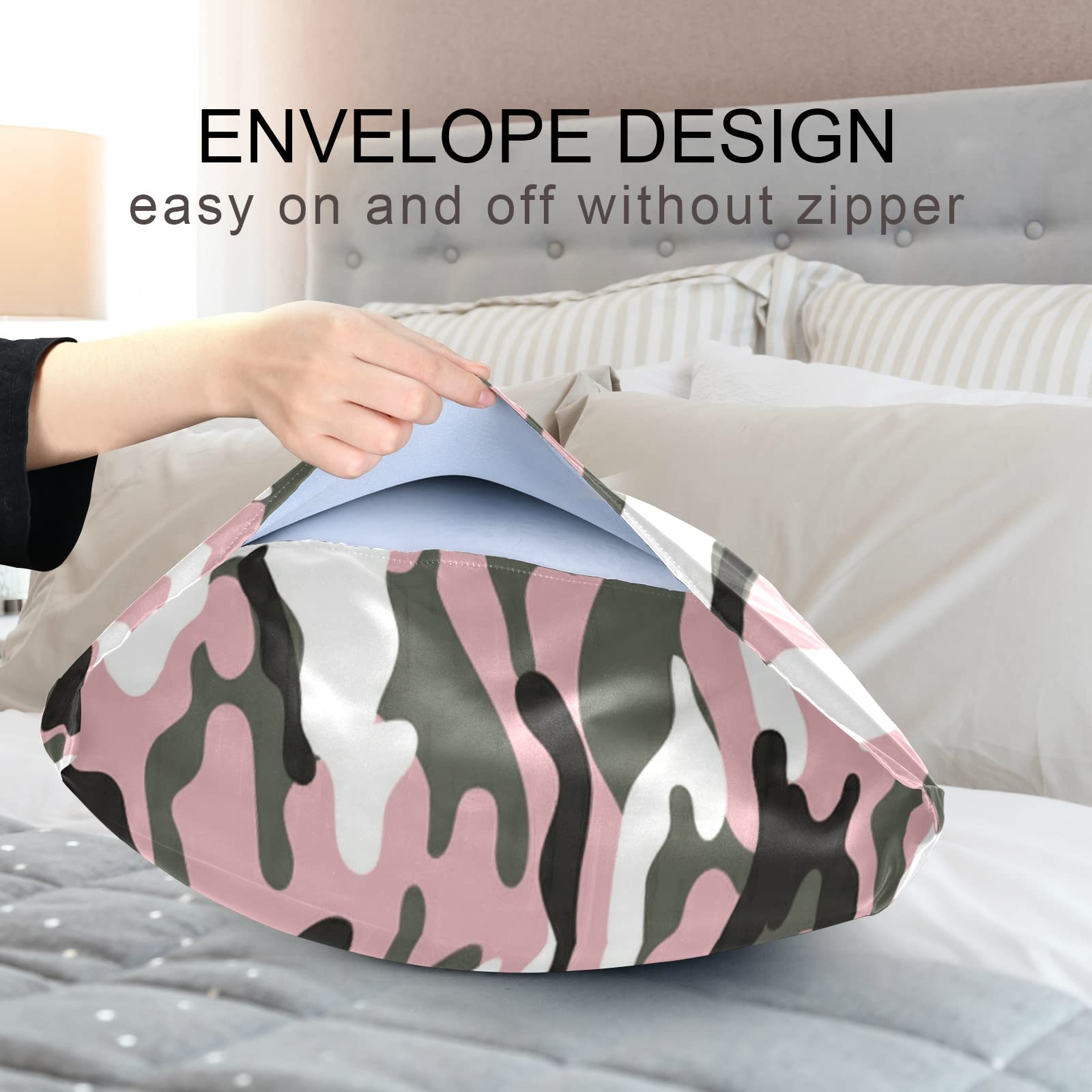 Camouflage Military Pink Satin Pillowcase for Hair and Skin Silk Pillowcase Pillow Case with Envelope Closure Throw Pillow Cover for Sofa Hotel Couch Bedroom Home Decor - King, 40x20inch