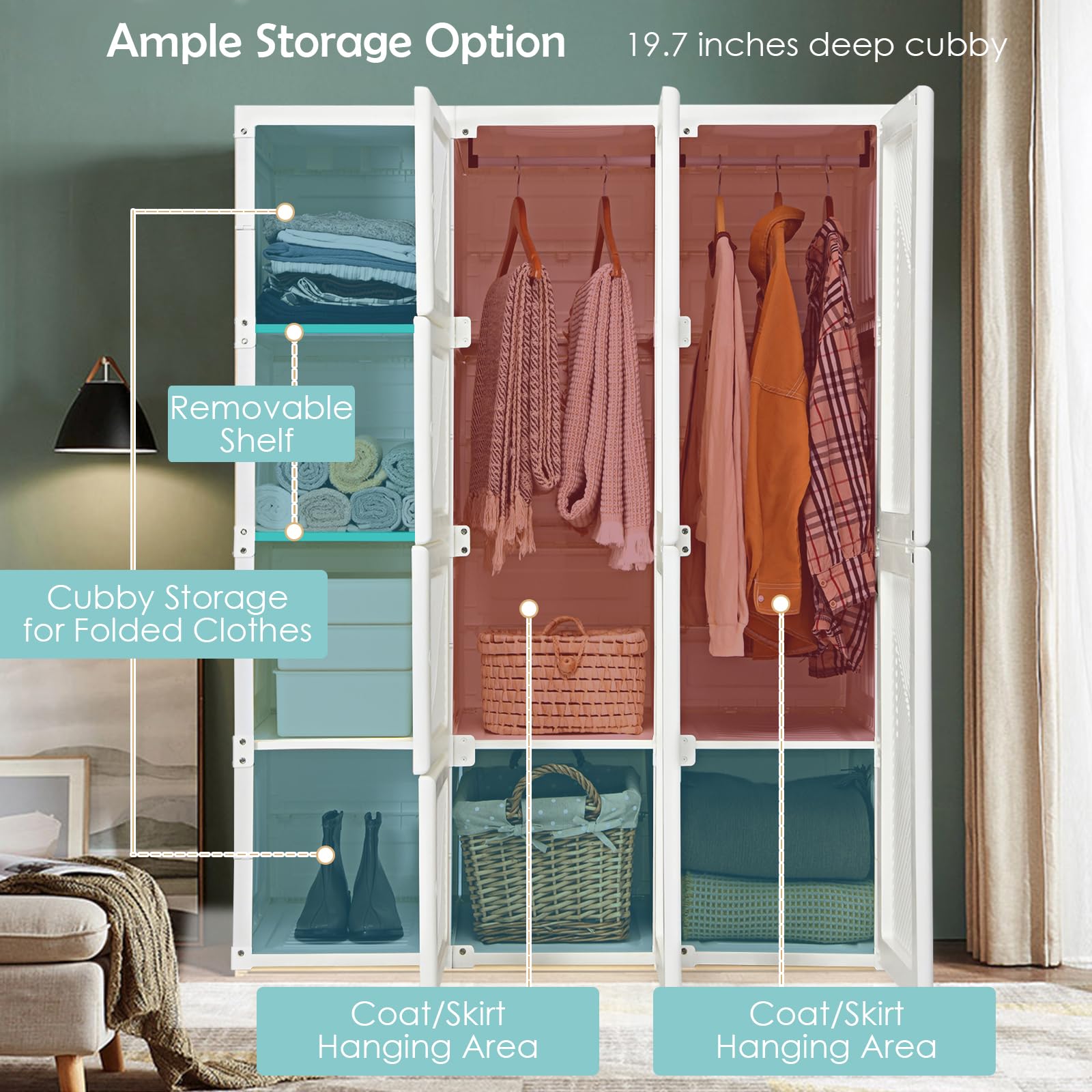 Tangkula Portable Closet Wardrobe, Foldable Clothes Organizer with Cubby Storage, Hanging Rods, Easy Assemble Clothing Storage with Magnet Doors, Folding Bedroom Armoire (8 Cubbies & 2 Rods)