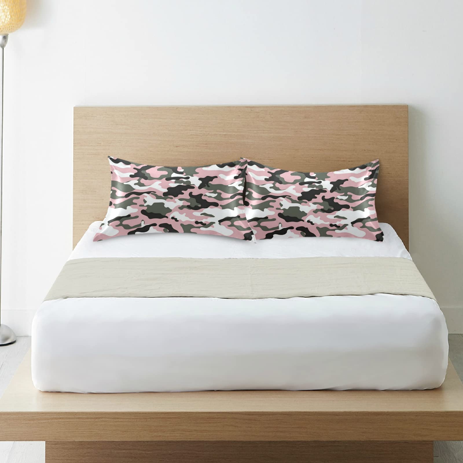 Camouflage Military Pink Satin Pillowcase for Hair and Skin Silk Pillowcase Pillow Case with Envelope Closure Throw Pillow Cover for Sofa Hotel Couch Bedroom Home Decor - King, 40x20inch