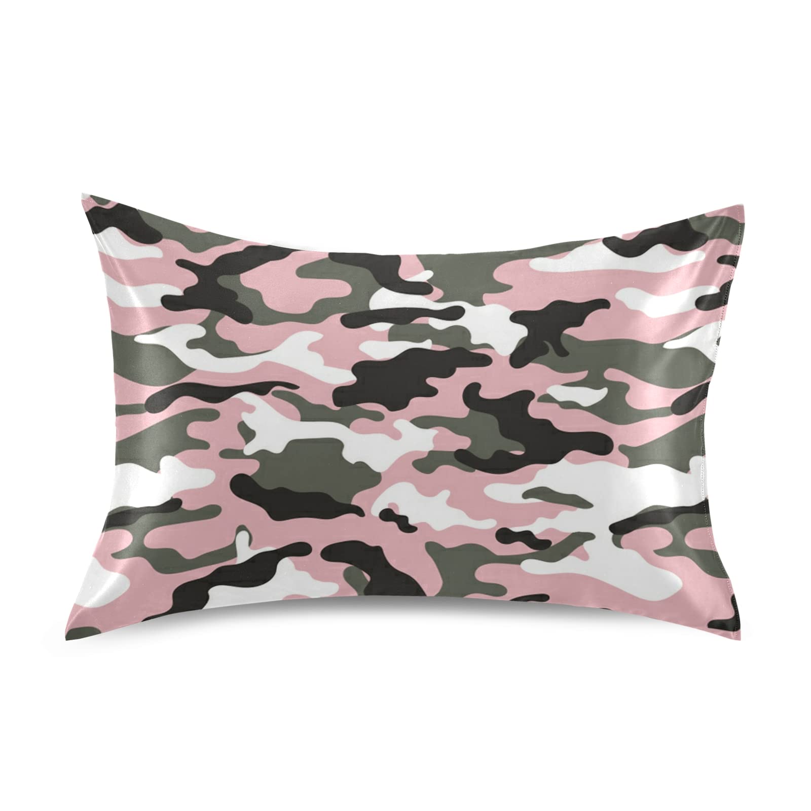 Camouflage Military Pink Satin Pillowcase for Hair and Skin Silk Pillowcase Pillow Case with Envelope Closure Throw Pillow Cover for Sofa Hotel Couch Bedroom Home Decor - King, 40x20inch
