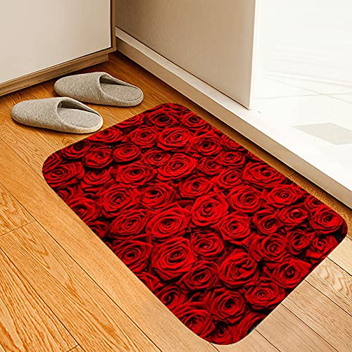 Red Rose Flower Print 17MM Thick Memory Foam Bathroom Carpet and Door Mat Non-Slip Absorbent Super Bath Mats Comfortable Flannel Bathroom Carpet Bed Rug 29 X 17 Inches