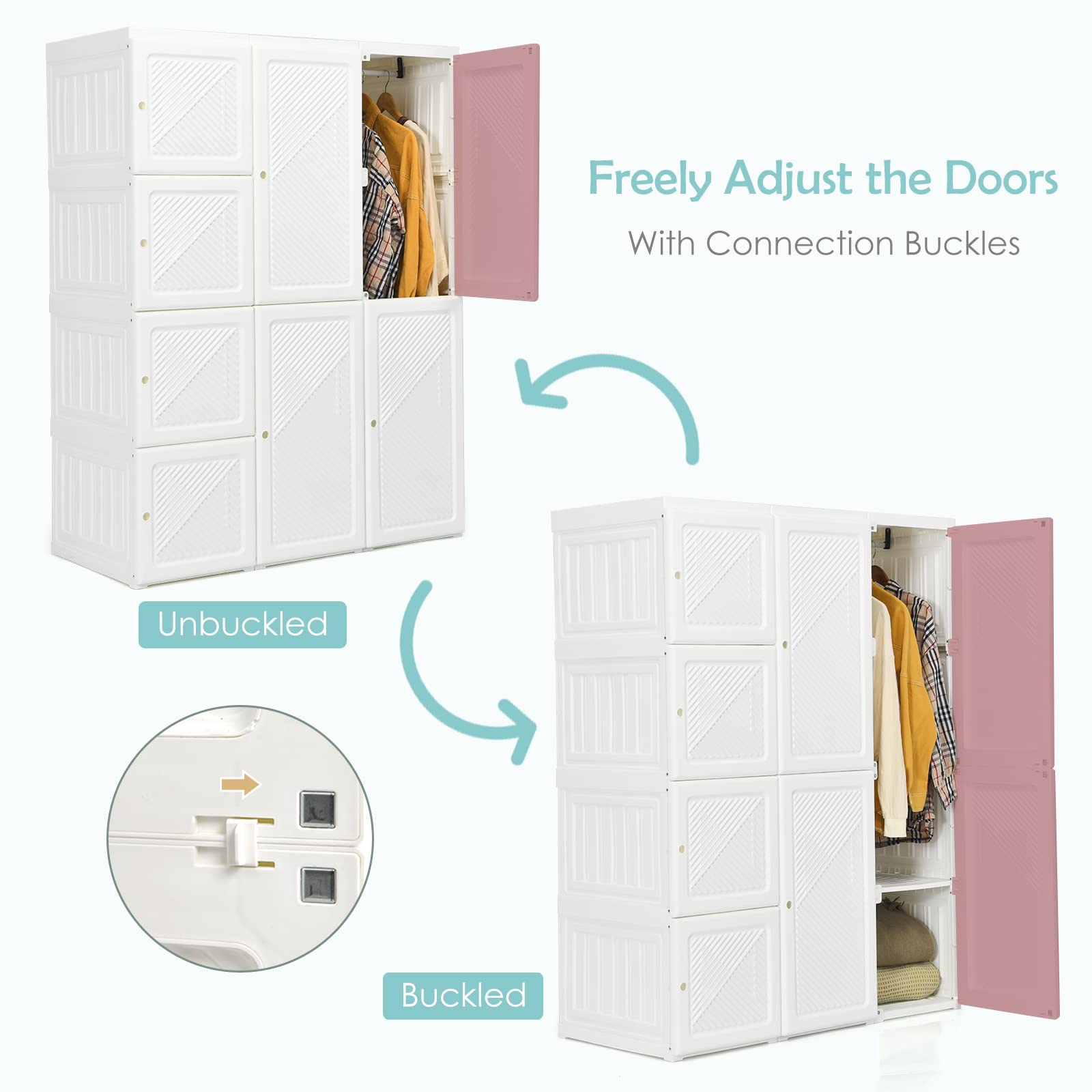 Tangkula Portable Closet Wardrobe, Foldable Clothes Organizer with Cubby Storage, Hanging Rods, Easy Assemble Clothing Storage with Magnet Doors, Folding Bedroom Armoire (8 Cubbies & 2 Rods)