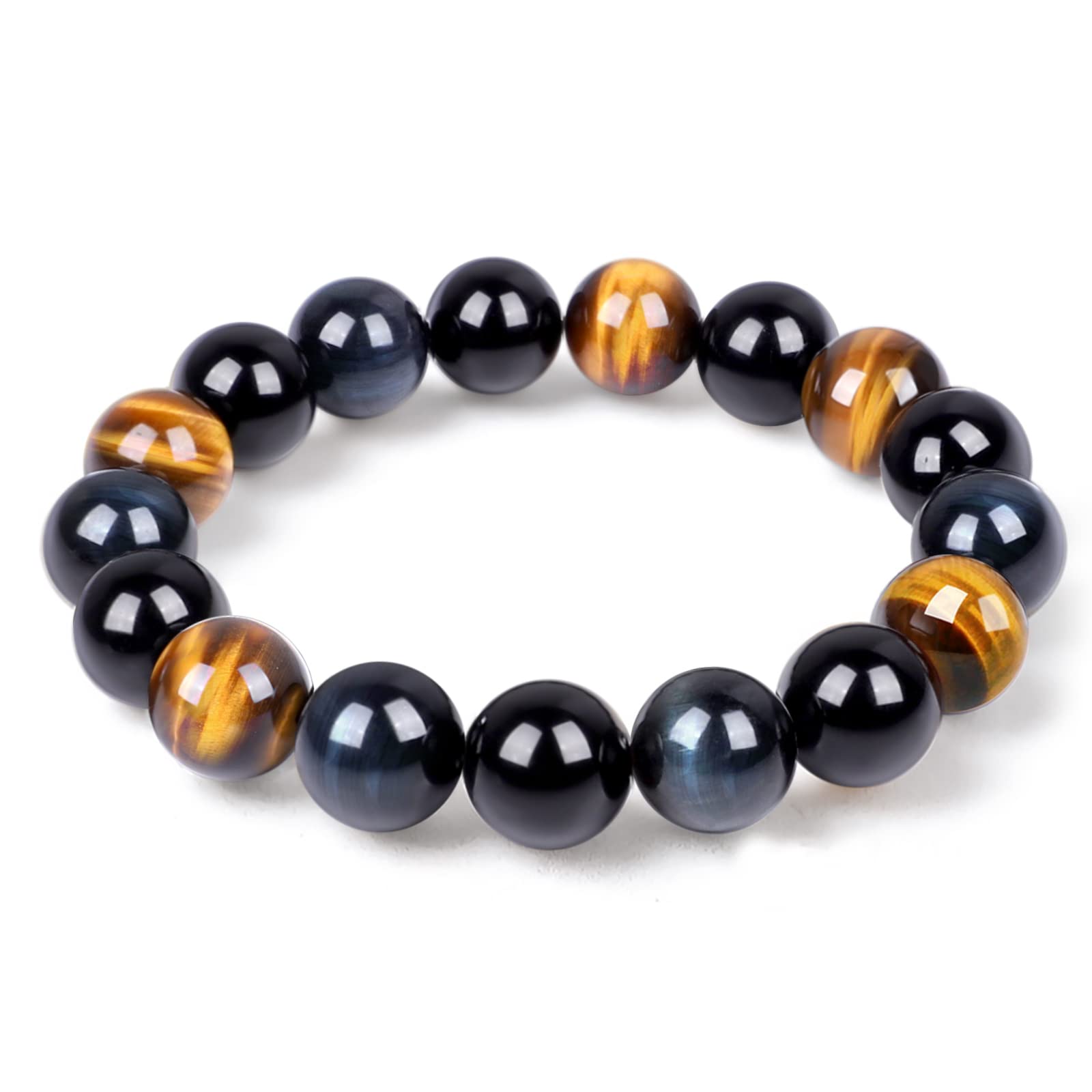 Triple protection bracelet, Tiger Eye Bracelet for Men Women, 12MM Crystal Stone Beaded Black Obsidian Bracelet, Anxiety Relief,increase courage and determination, Healing Energy Bead Bracelet
