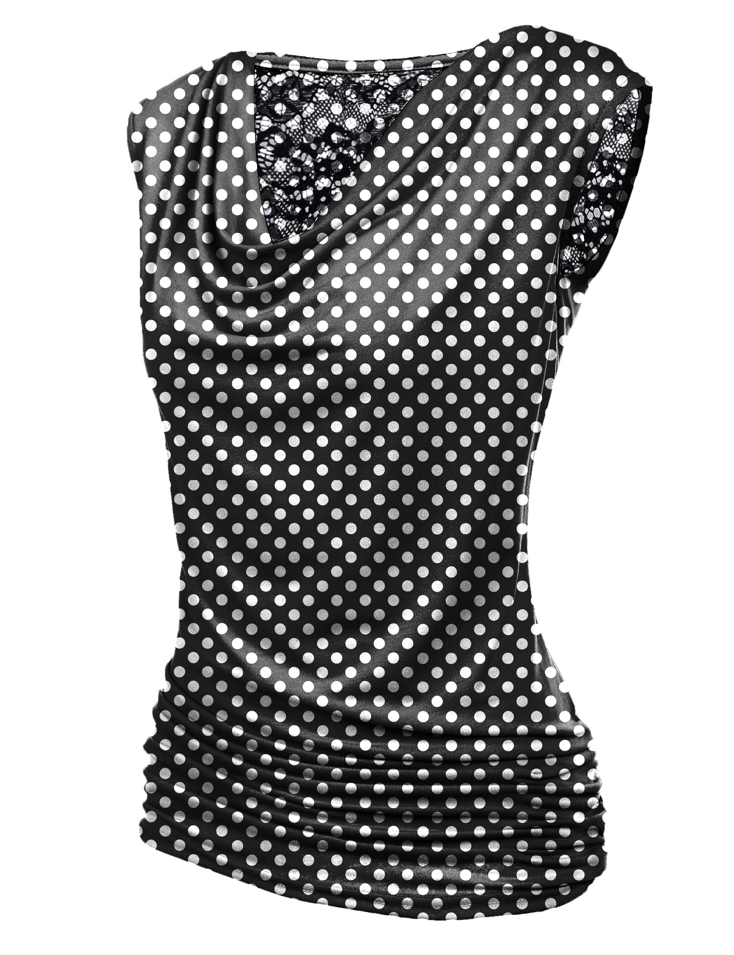 Zeagoo Womens Ruched Cowl Neck Tank Top Shirt Stretch Blouse with Side Shirring, Black Polka Dot, Large, Sleeveless
