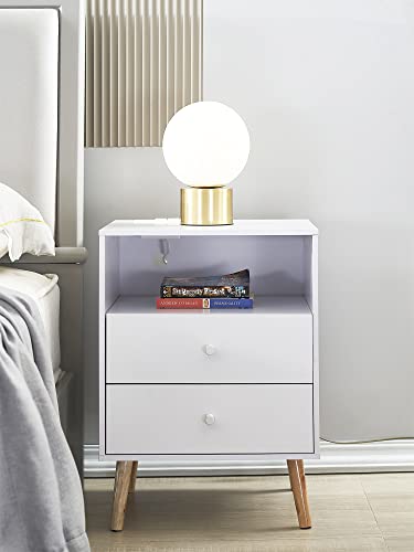 OBRICOL Night Stand,Charging Station Side Table, Functional End Table for Bedroom,Living Room (White)