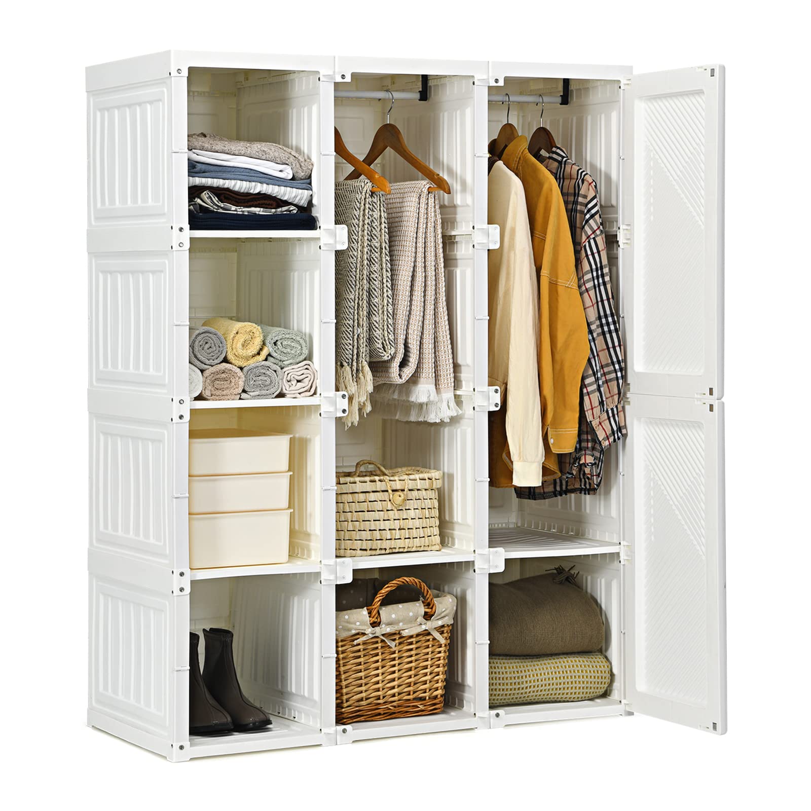 Tangkula Portable Closet Wardrobe, Foldable Clothes Organizer with Cubby Storage, Hanging Rods, Easy Assemble Clothing Storage with Magnet Doors, Folding Bedroom Armoire (8 Cubbies & 2 Rods)