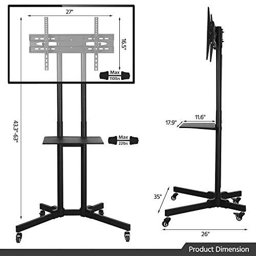 Yaheetech Mobile TV Stand with Wheels for 32-75 Inch LCD LED Screens TVs, Height-Adjustable Rolling TV Cart Hold up to 110 lbs, Trolley Floor Stand w/Tray, Max VESA 600x400mm